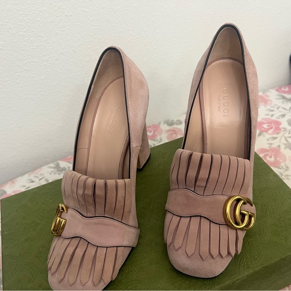 Gucci | Shoes | Gucci Pink Marmont Heels In Suede Leather 37 Black ...